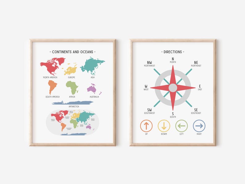 Set of 2 Rainbow Geography Educational Posters, Continents Directions ...