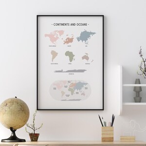 Continents Geography Pastel Poster, World Map Educational Wall Art ...
