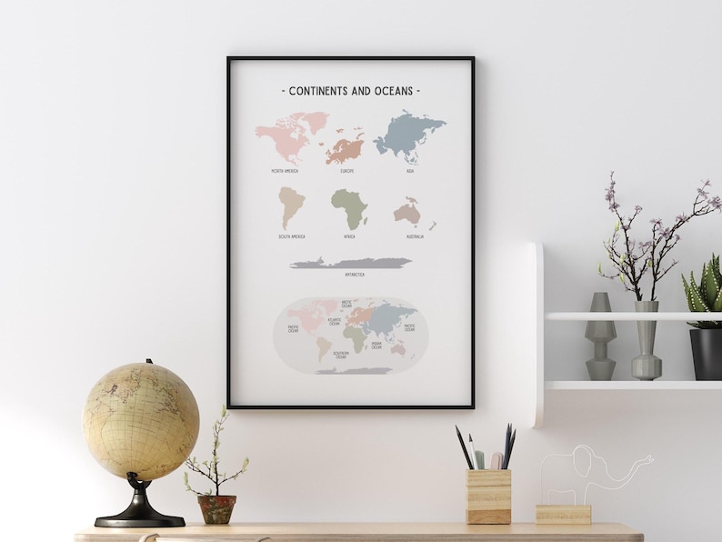Continents Geography Pastel Poster, World Map Educational Wall Art ...