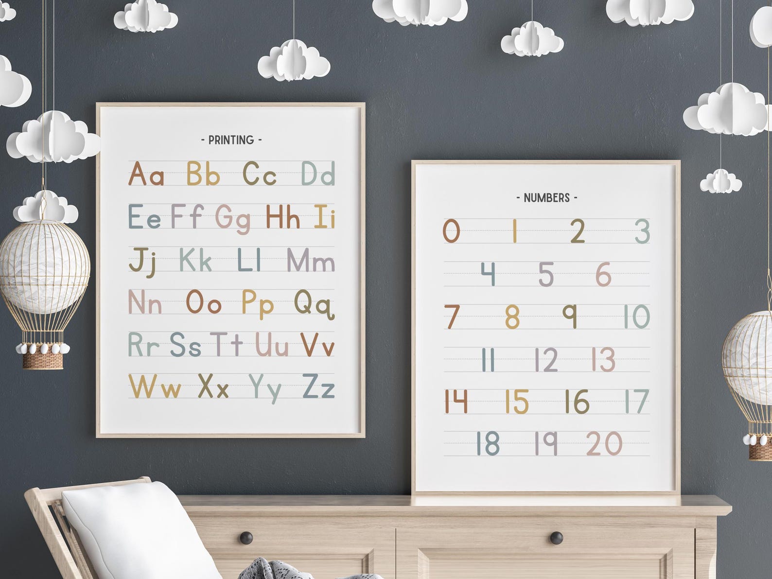 Set of 2 Handwriting Charts Alphabet Numbers Muted Rainbow Posters ...