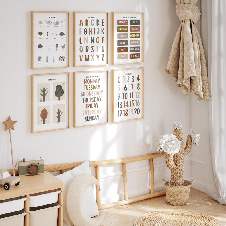Set of 6 Educational Posters, Neutral ABC Numbers Days Months Weather ...