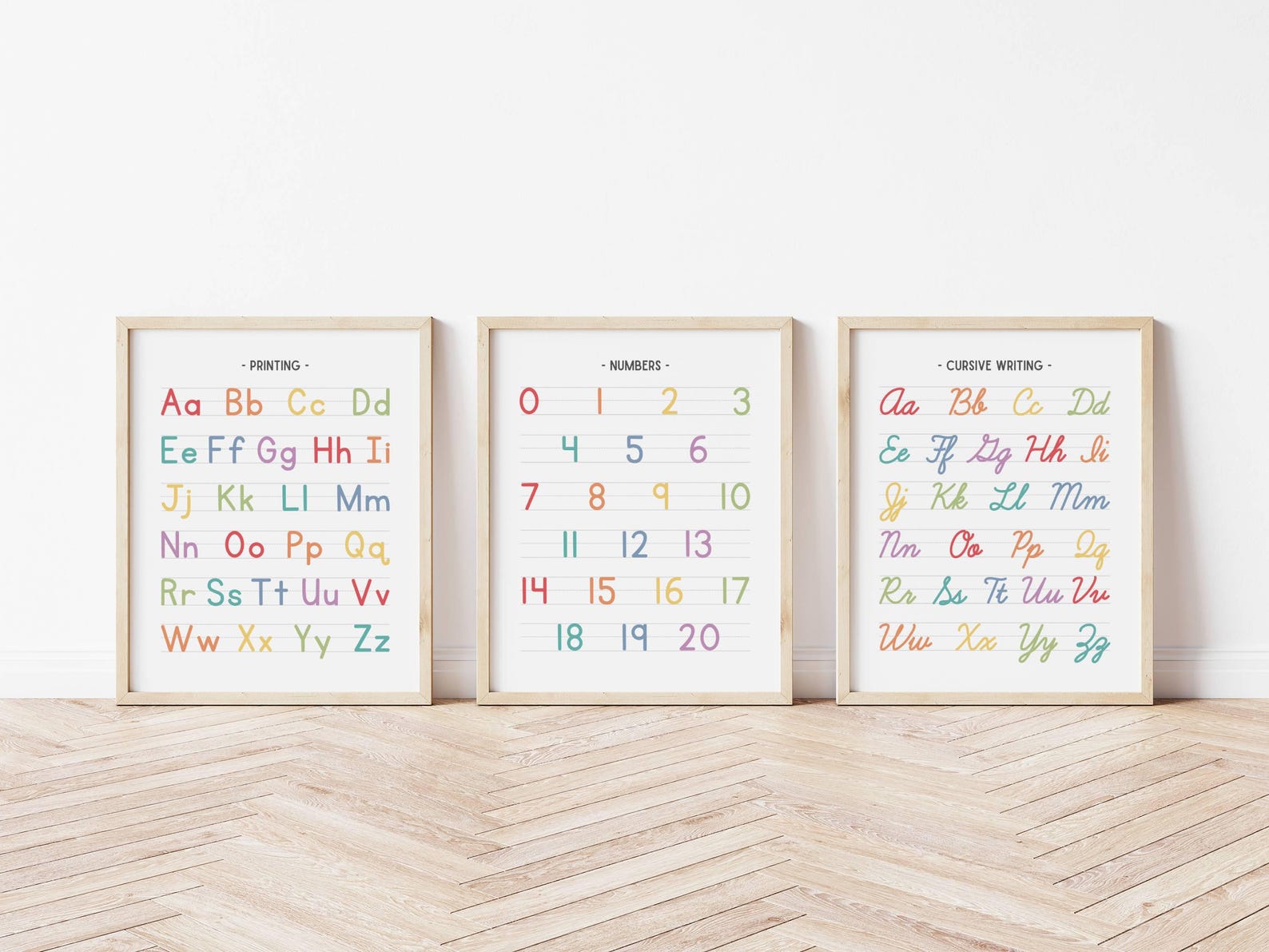 Set of 3 Alphabet Numbers Rainbow Posters, Handwriting Chart ...