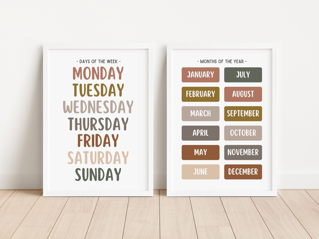 Days of the Week Months Nursery Wall Art Set Neutral, Educational ...