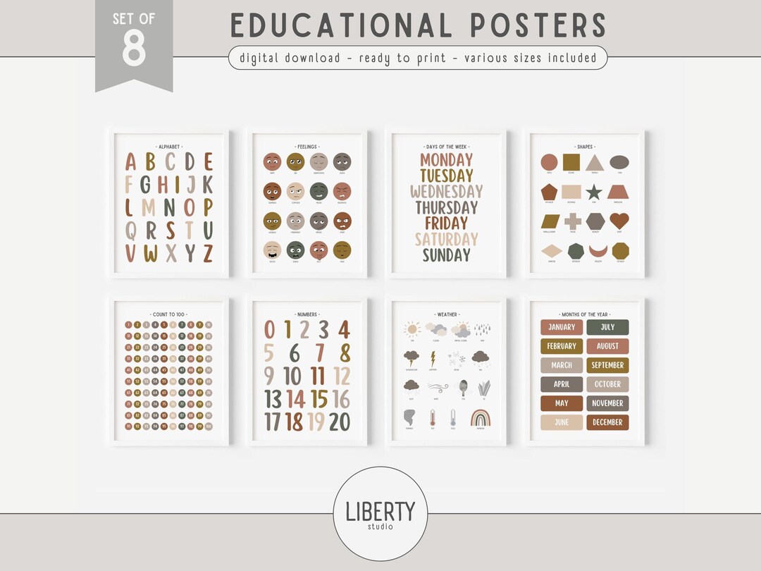 Set of 8 Educational Poster Bundle, Neutral Preschool Classroom Prints ...