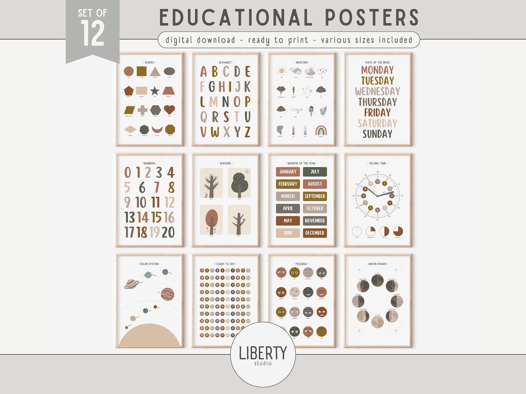 Set of 12 Neutral Boho Educational Posters, Toddler Preschool Classroom ...