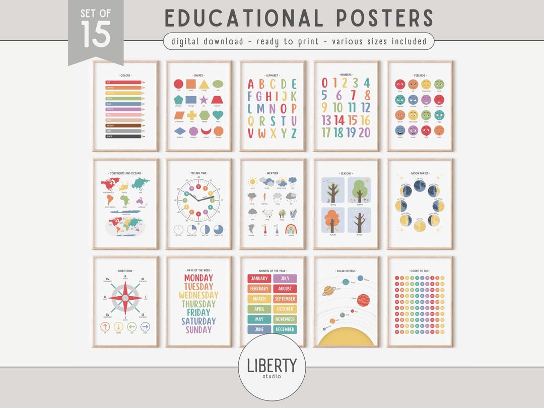 Set of 15 Rainbow Educational Poster Bundle, Toddler Preschool ...