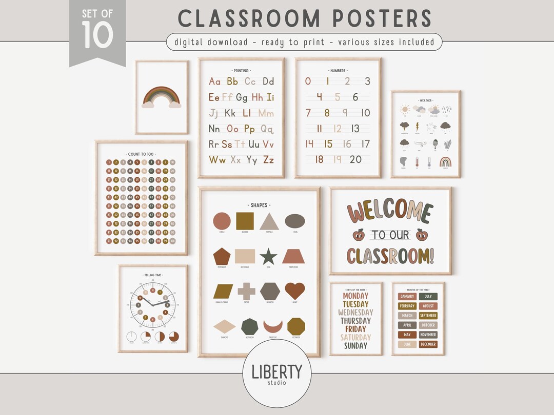 Set of 10 Educational Posters Bundle, Neutral Preschool Classroom ...