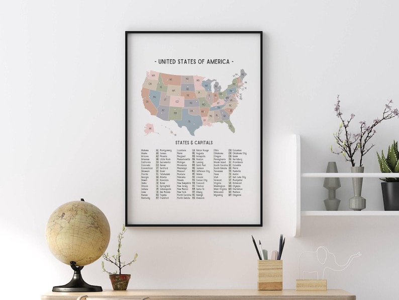 USA Map Educational Poster, Pastel United States Map, Homeschool States ...