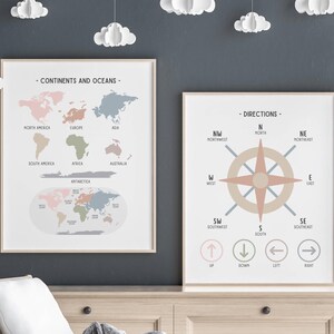 Set of 2 Pastel Geography Educational Posters, Continents Directions ...