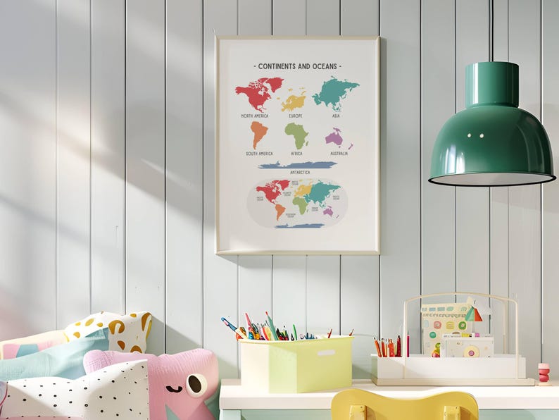Rainbow Continents Geography Poster, World Map Educational Poster ...