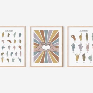 Set of 3 ASL Sign Language Alphabet Numbers Muted Rainbow Prints ...