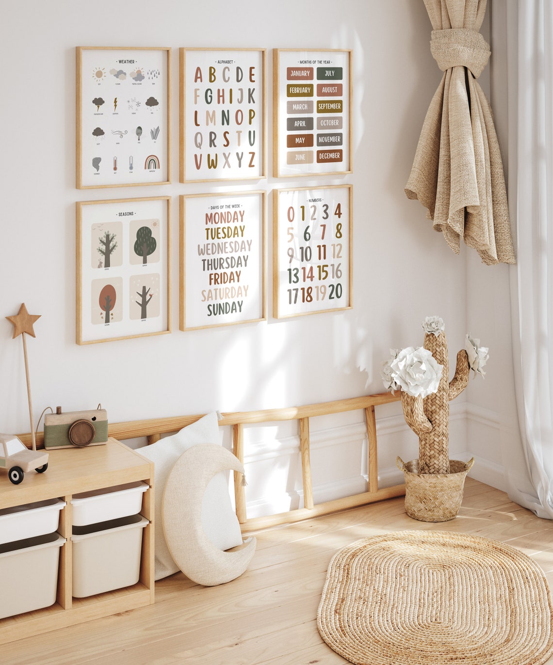 Set of 6 Educational Posters, Neutral ABC Numbers Days Months Weather ...