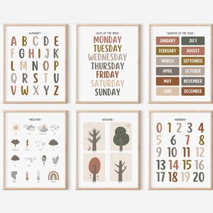 Set of 6 Educational Posters, Neutral ABC Numbers Days Months Weather ...