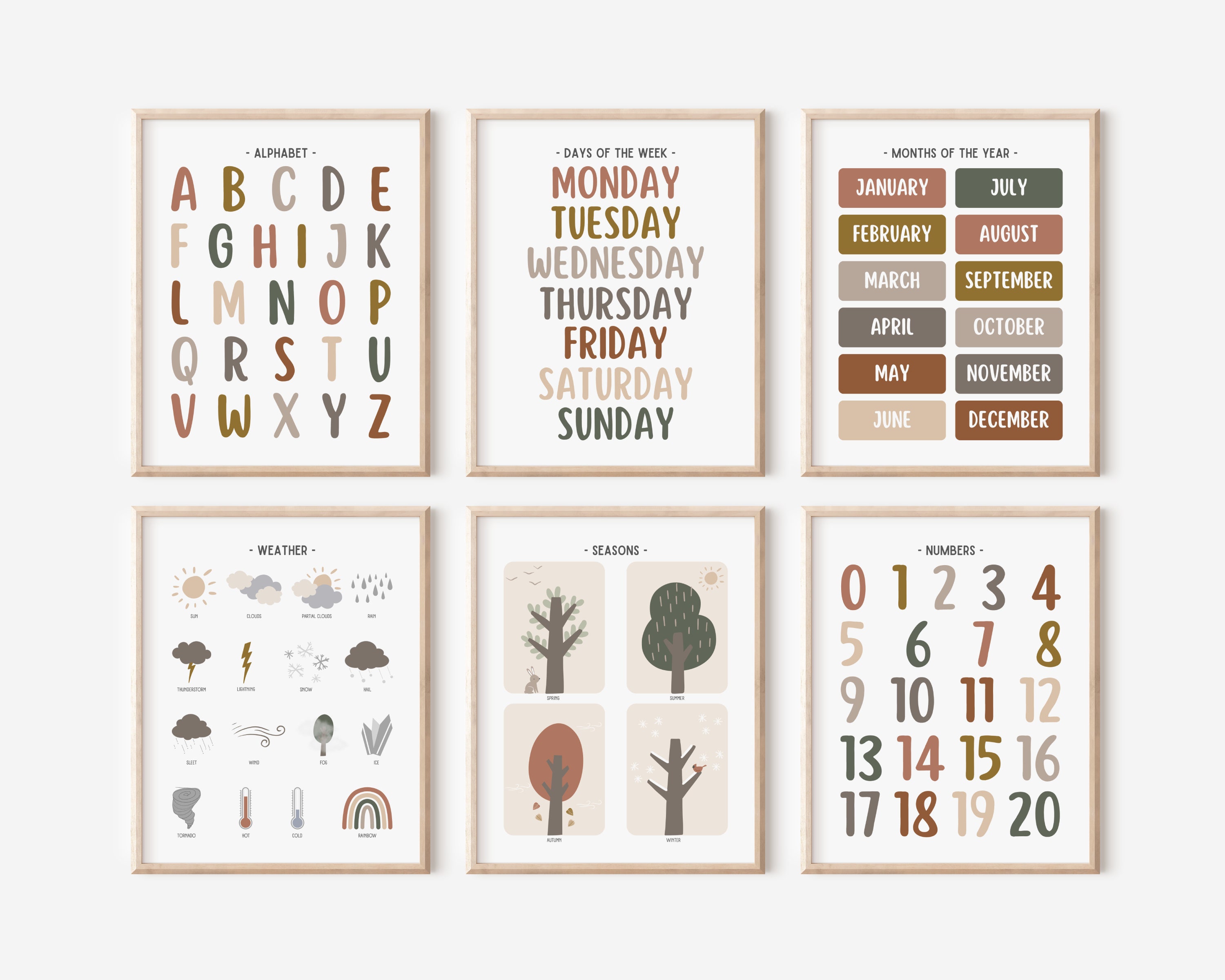 Set of 6 Educational Posters, Neutral ABC Numbers Days Months Weather ...