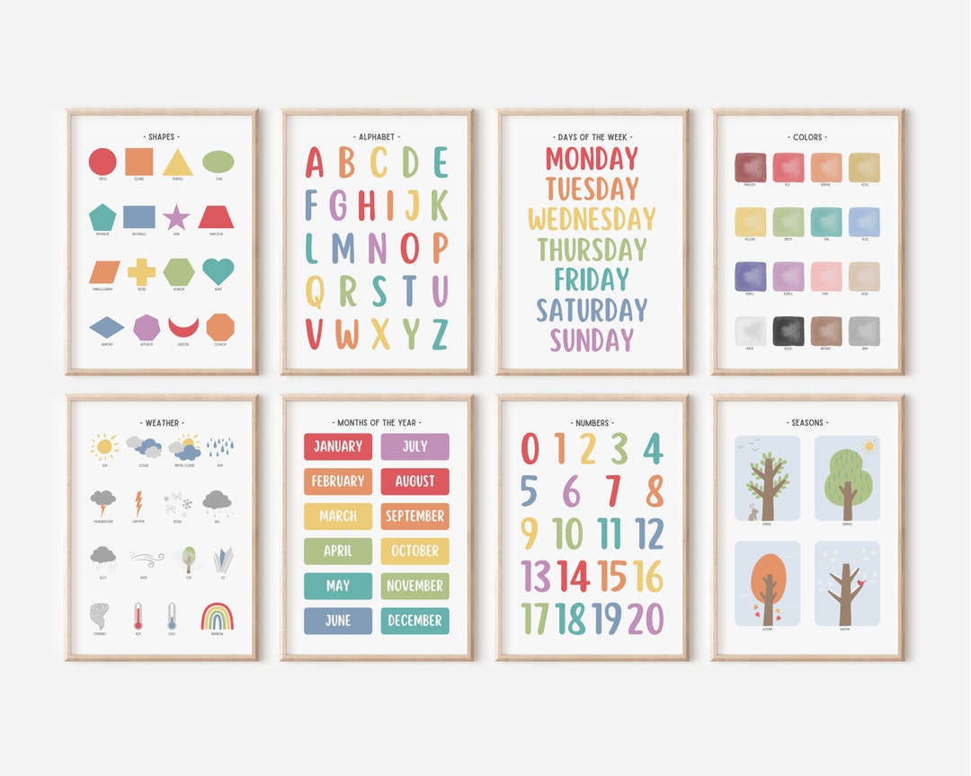 Set of 8 Educational Poster Bundle, Rainbow Preschool Classroom Prints ...