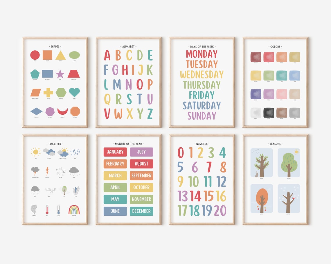 Set of 8 Educational Poster Bundle, Rainbow Preschool Classroom Prints ...