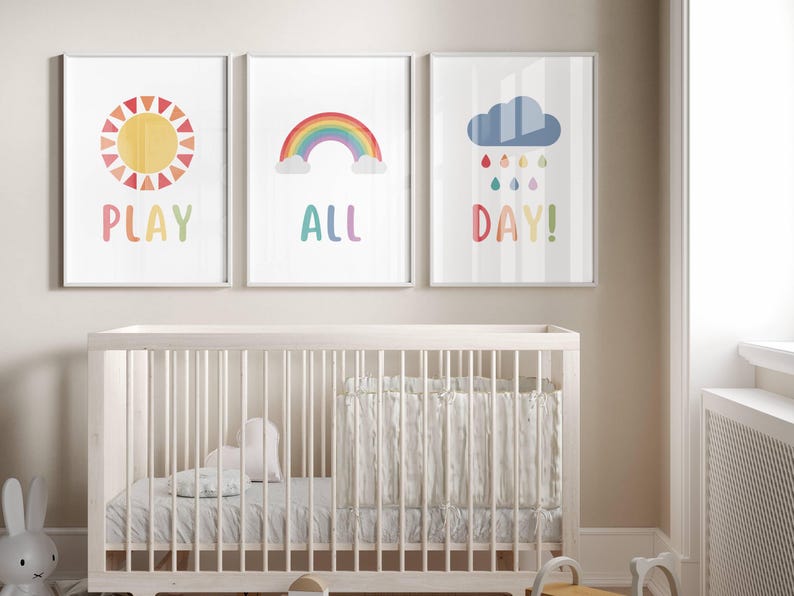 Play All Day Poster Set of 3, Let's Play Nursery Decor, Rainbow ...