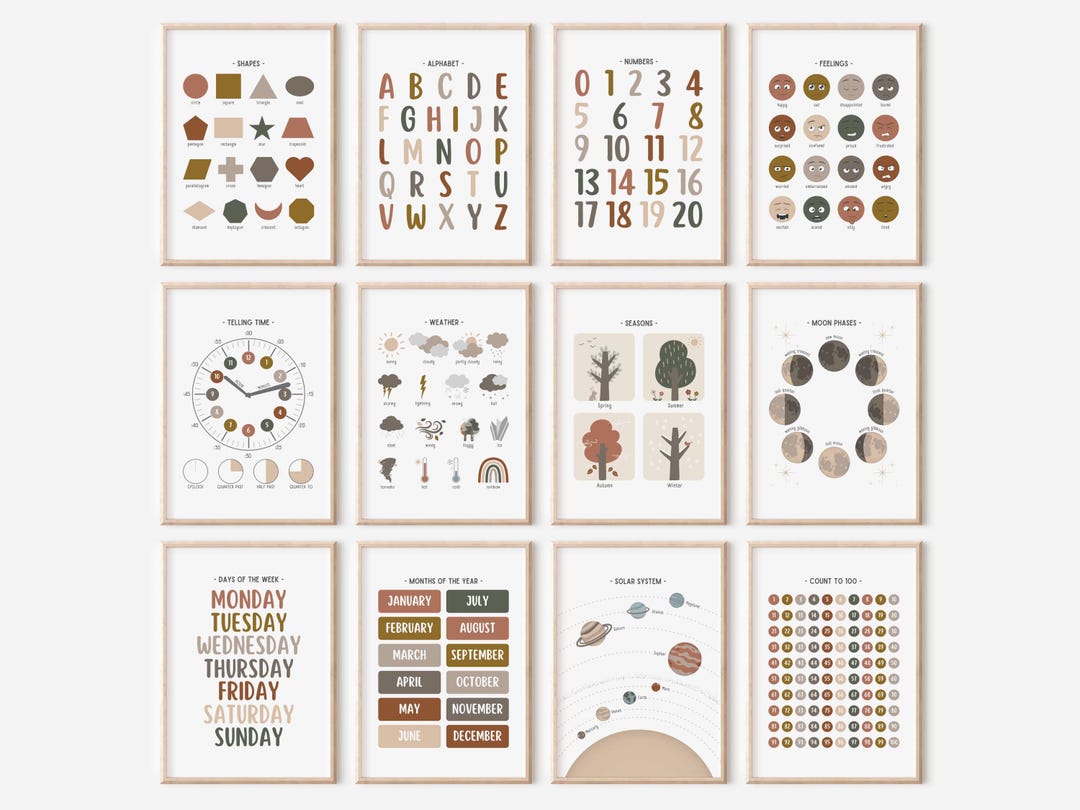 Set of 12 Boho Educational Posters, Neutral Preschool Classroom Decor ...