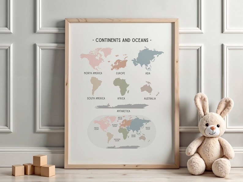 Continents Geography Pastel Poster, World Map Educational Wall Art ...