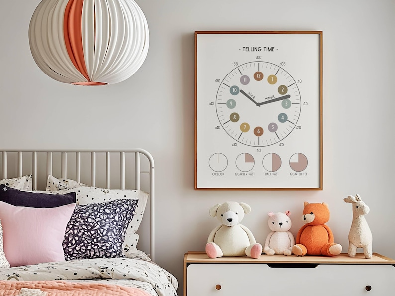Muted Rainbow Telling Time Clock Poster, Learn to Tell Time Educational ...