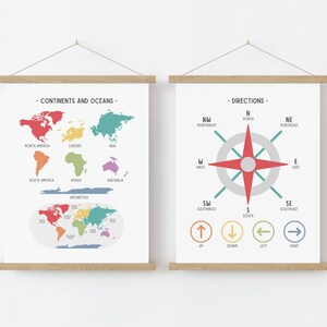Set of 2 Rainbow Geography Educational Posters, Continents Directions ...