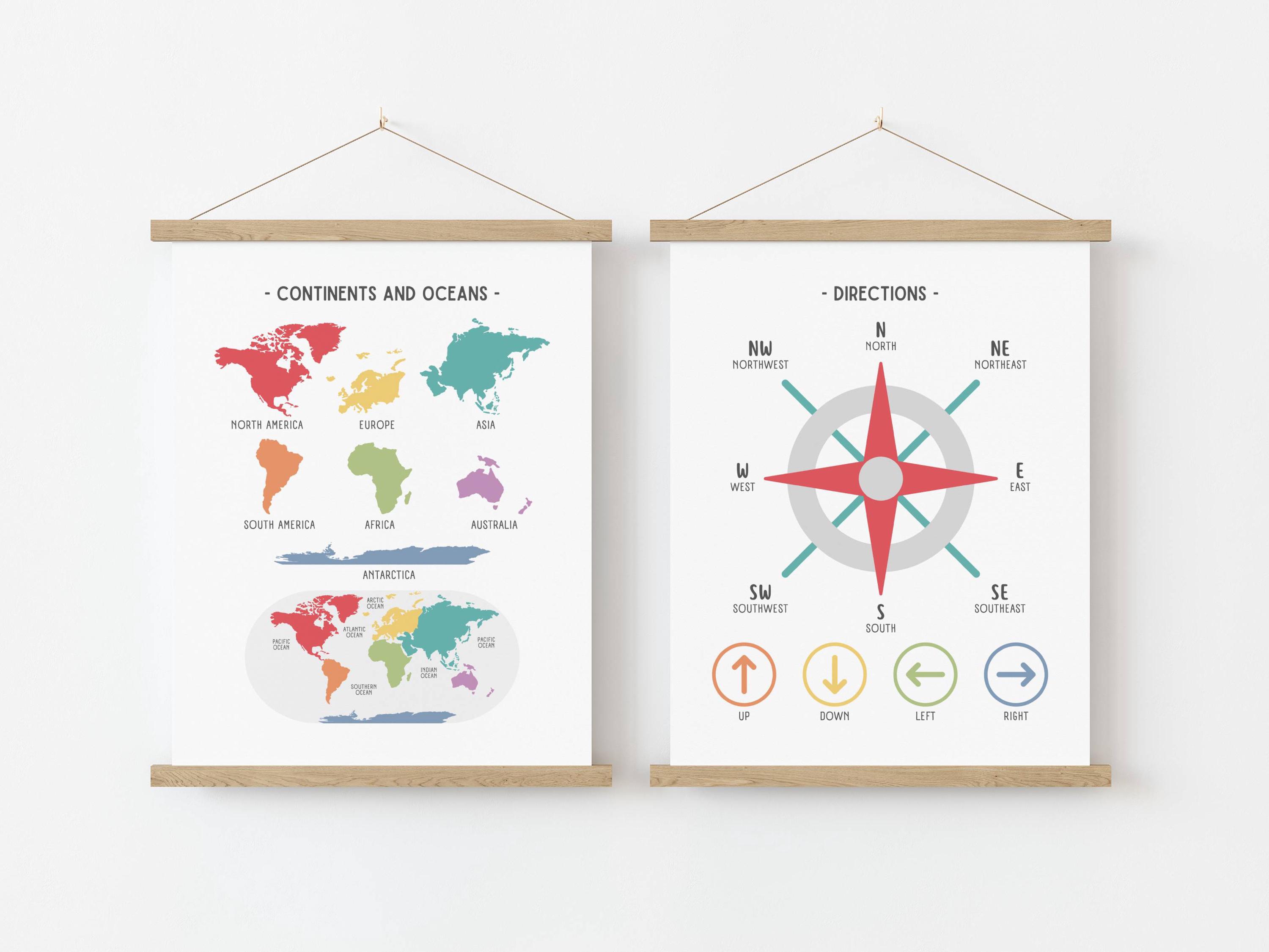 Set of 2 Rainbow Geography Educational Posters, Continents Directions ...