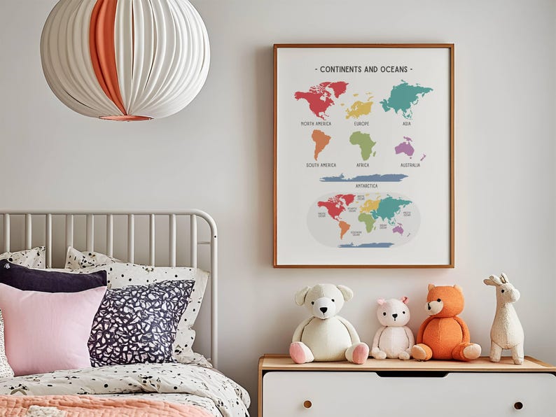 Rainbow Continents Geography Poster, World Map Educational Poster ...