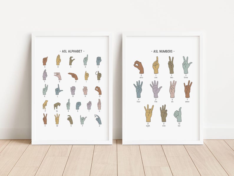 Set of 2 ASL Sign Language Muted Rainbow Poster, Learn to Sign Alphabet ...