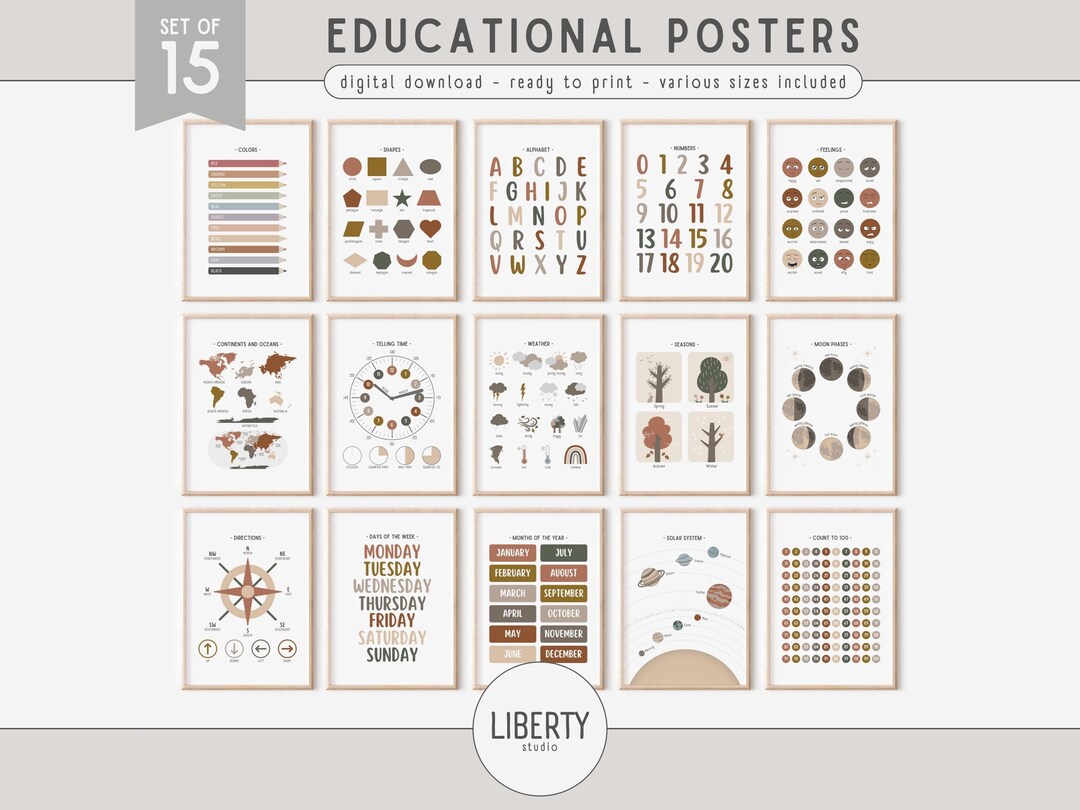 Set of 15 Neutral Educational Poster Bundle, Preschool Classroom Decor ...