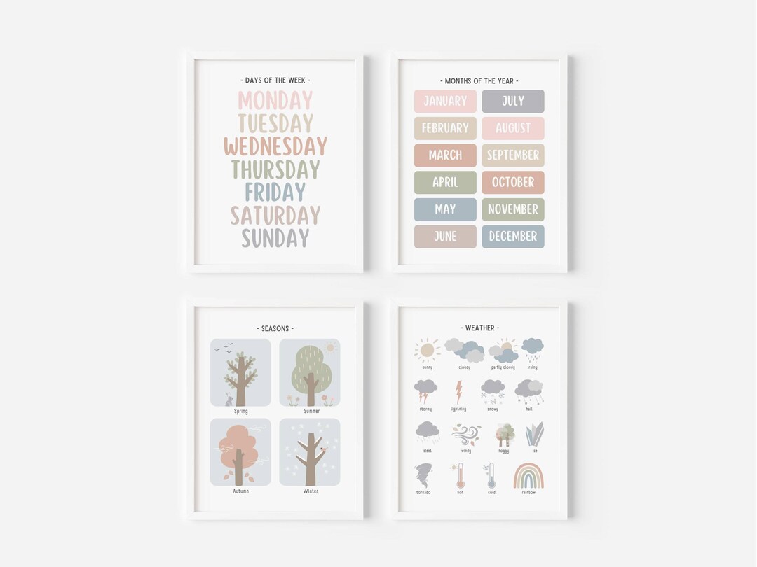 Set of 4 Days Months Weather Seasons Pastel Posters, Educational Wall ...