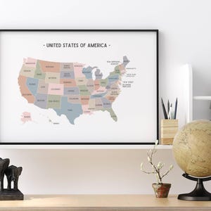 USA Map Pastel Print, Educational Wall Art, American Geography ...