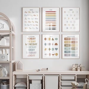 Set of 6 Boho Educational Posters, Muted Rainbow Preschool Classroom ...