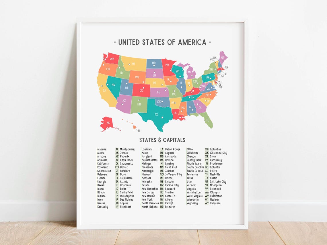 USA Map Educational Poster, Rainbow United States Map, Homeschool ...