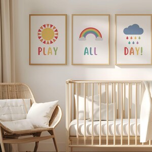 Play All Day Poster Set of 3, Let's Play Nursery Decor, Rainbow ...