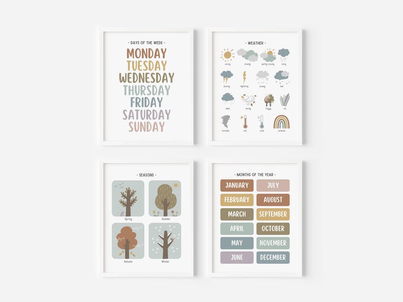 Set of 4 Muted Rainbow Nursery Decor Prints, Days Months Weather ...