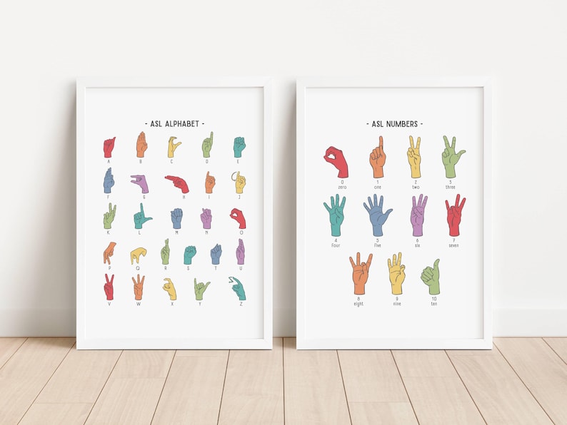 Set of 2 ASL Sign Language Alphabet Numbers Rainbow Poster, Educational ...
