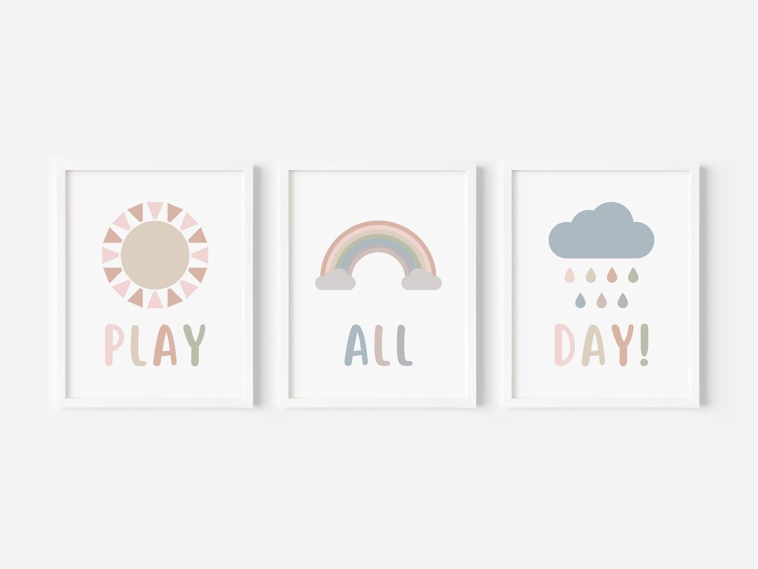 Play All Day Poster Set of 3, Let's Play Nursery Decor, Pastel Playroom ...