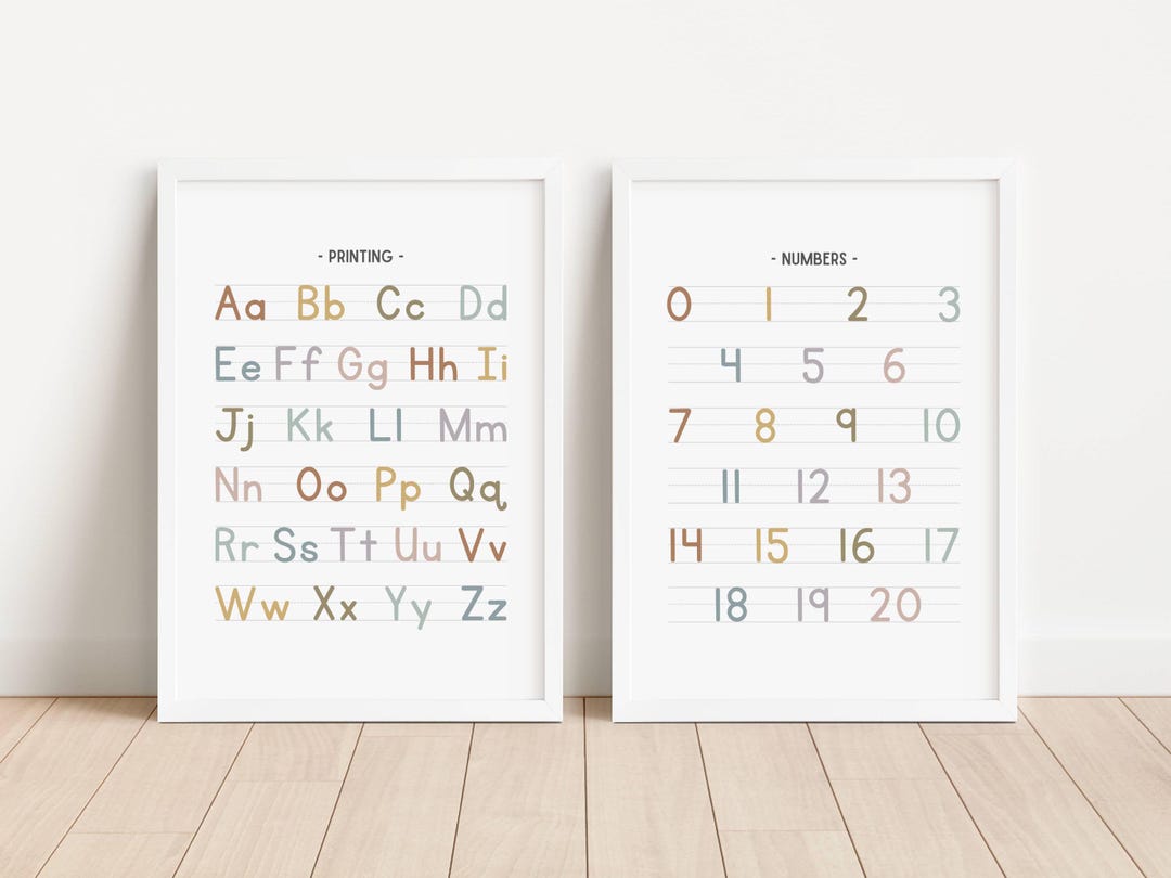 Set of 2 Muted Rainbow Printing Chart Posters, Handwriting Alphabet ...