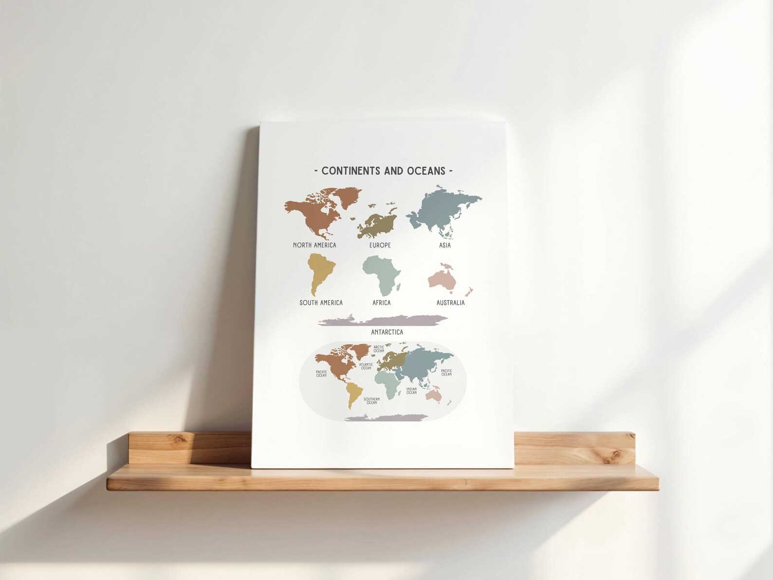 Continents Geography Muted Rainbow Poster, World Map Educational Wall ...