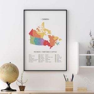 Map of Canada Rainbow Poster, Provinces and Capitals Map, Canadian ...