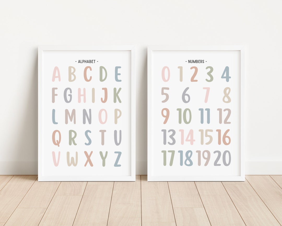 Set of 2 Alphabet Numbers Pastel Poster, Educational Wall Art ...