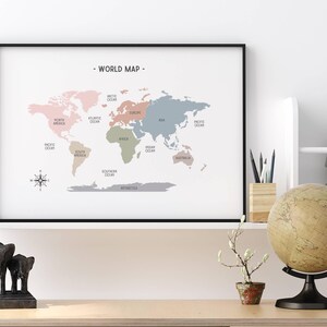 World Map Pastel Print, Educational Wall Art, Geography Homeschool ...