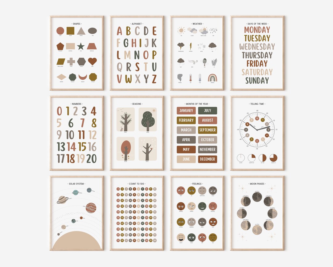 Set of 12 Neutral Boho Educational Posters, Toddler Preschool Classroom ...