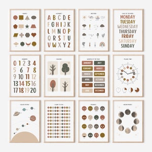 Set of 12 Neutral Boho Educational Posters, Toddler Preschool Classroom ...
