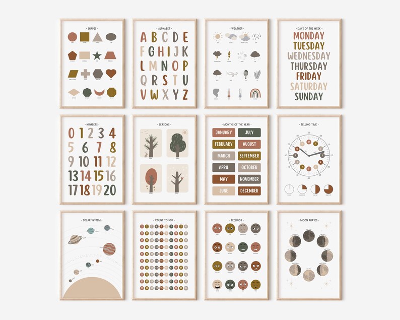 Set of 12 Neutral Boho Educational Posters, Toddler Preschool Classroom ...