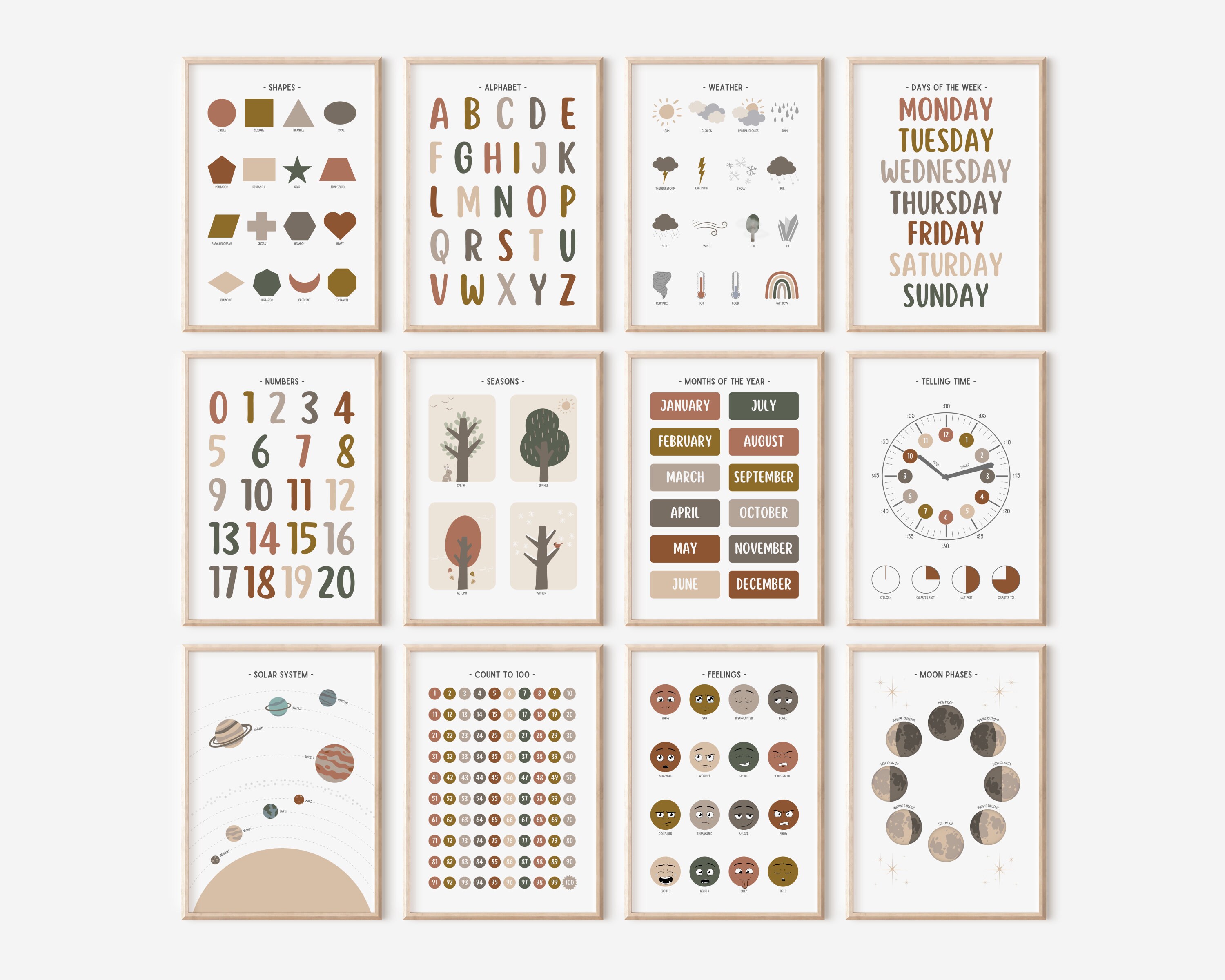 Set of 12 Neutral Boho Educational Posters, Toddler Preschool Classroom ...