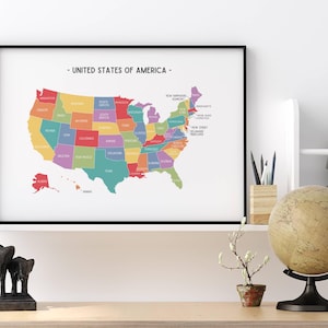 USA Map Rainbow Print, Educational Wall Art, Geography Homeschool ...