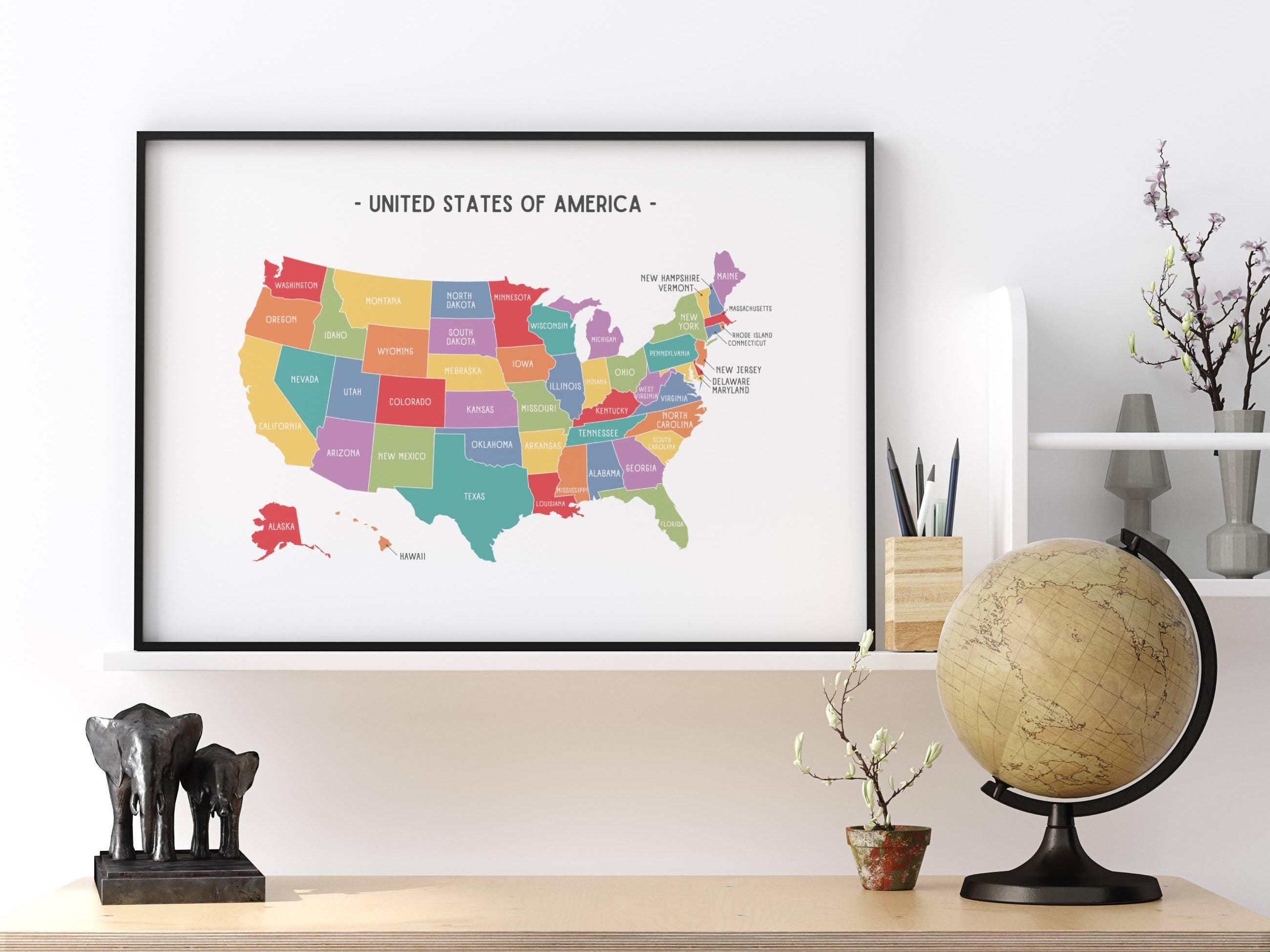 USA Map Rainbow Print, Educational Wall Art, Geography Homeschool ...