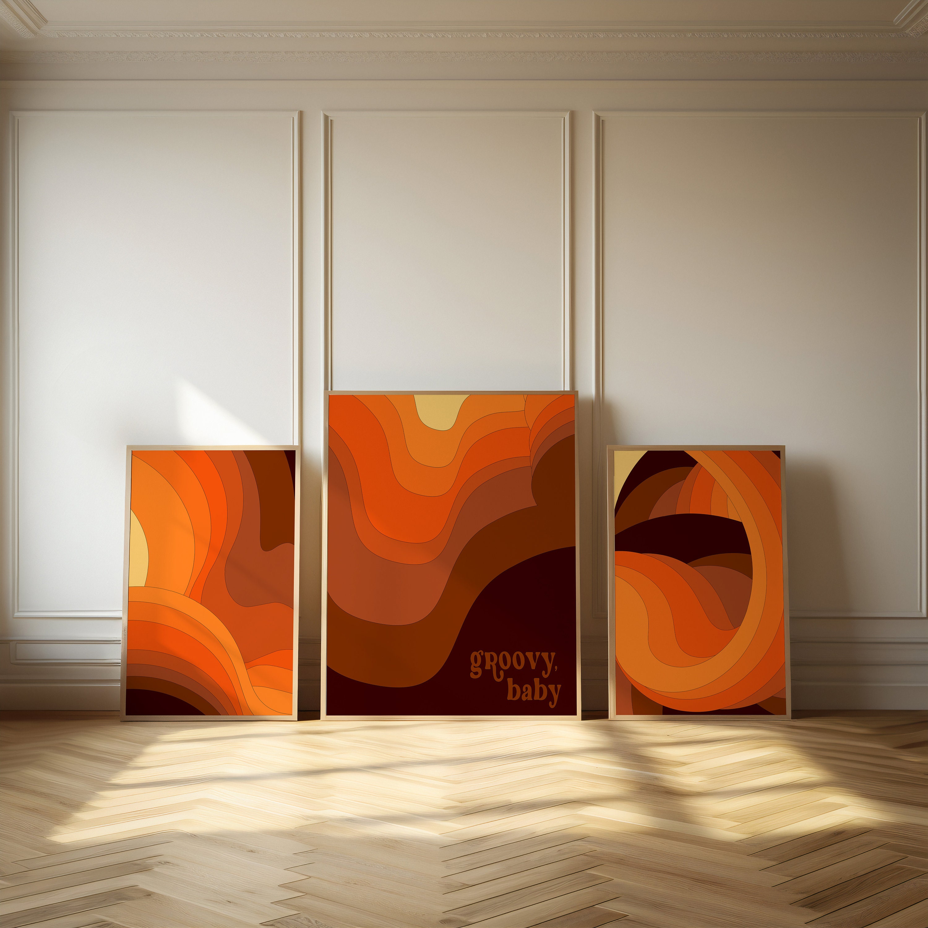 Set of 3 Groovy Baby Sunset Swirl Prints, Retro Abstract Wall Art, 70s ...
