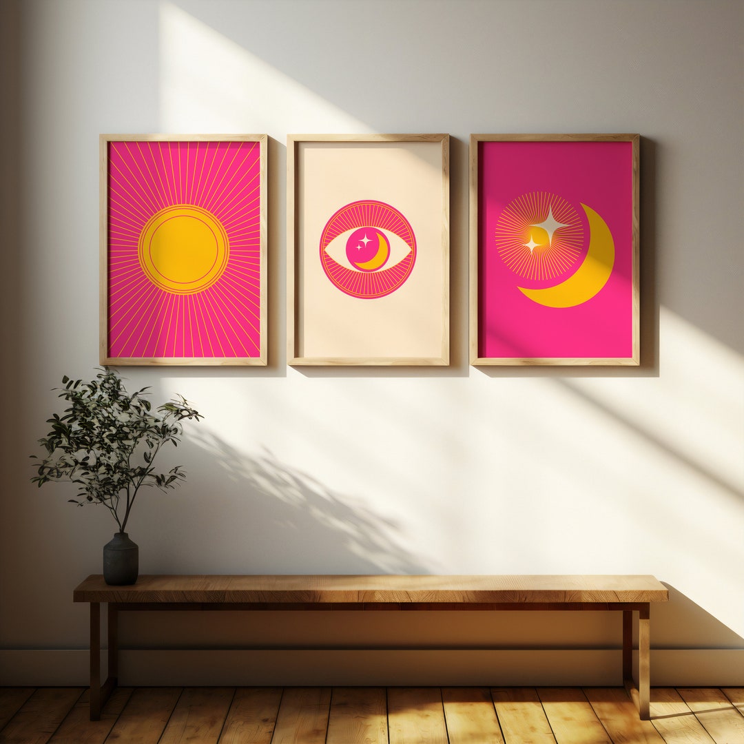 Set of 3 Boho Sun Moon Eye Prints, Retro Mystic Wall Art, Pink and ...